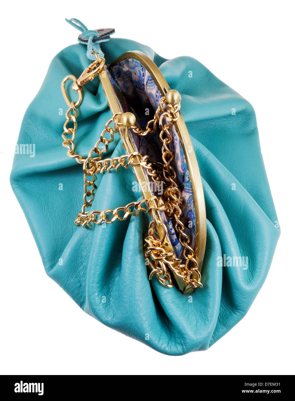 open blue leather woman handbag isolated on white background Stock ...