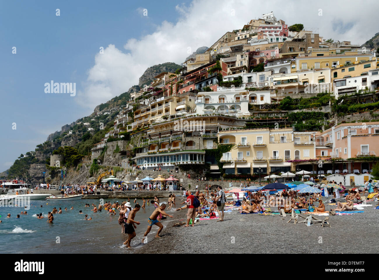 Positano. Campania. Italy. View of the colourful Spiaggia Grande or ...