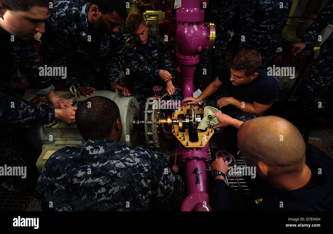 Sailors perform maintenance on a service pump Stock Photo - Alamy