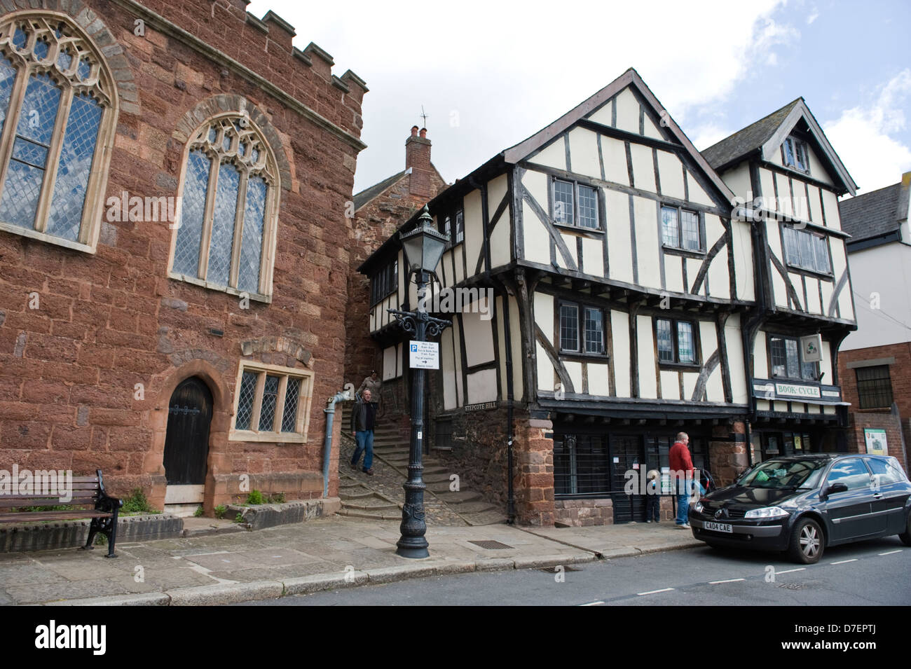 Timber framed building and church at bottom of Stepcote Hill in Exeter ...