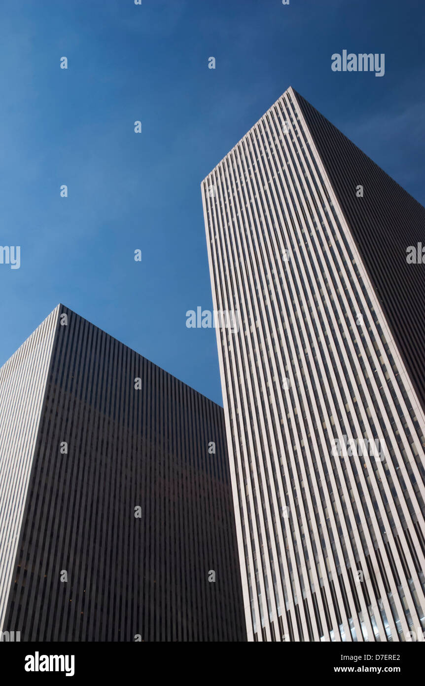 Two skyscrapers against a blue sky;New york city new york united states ...