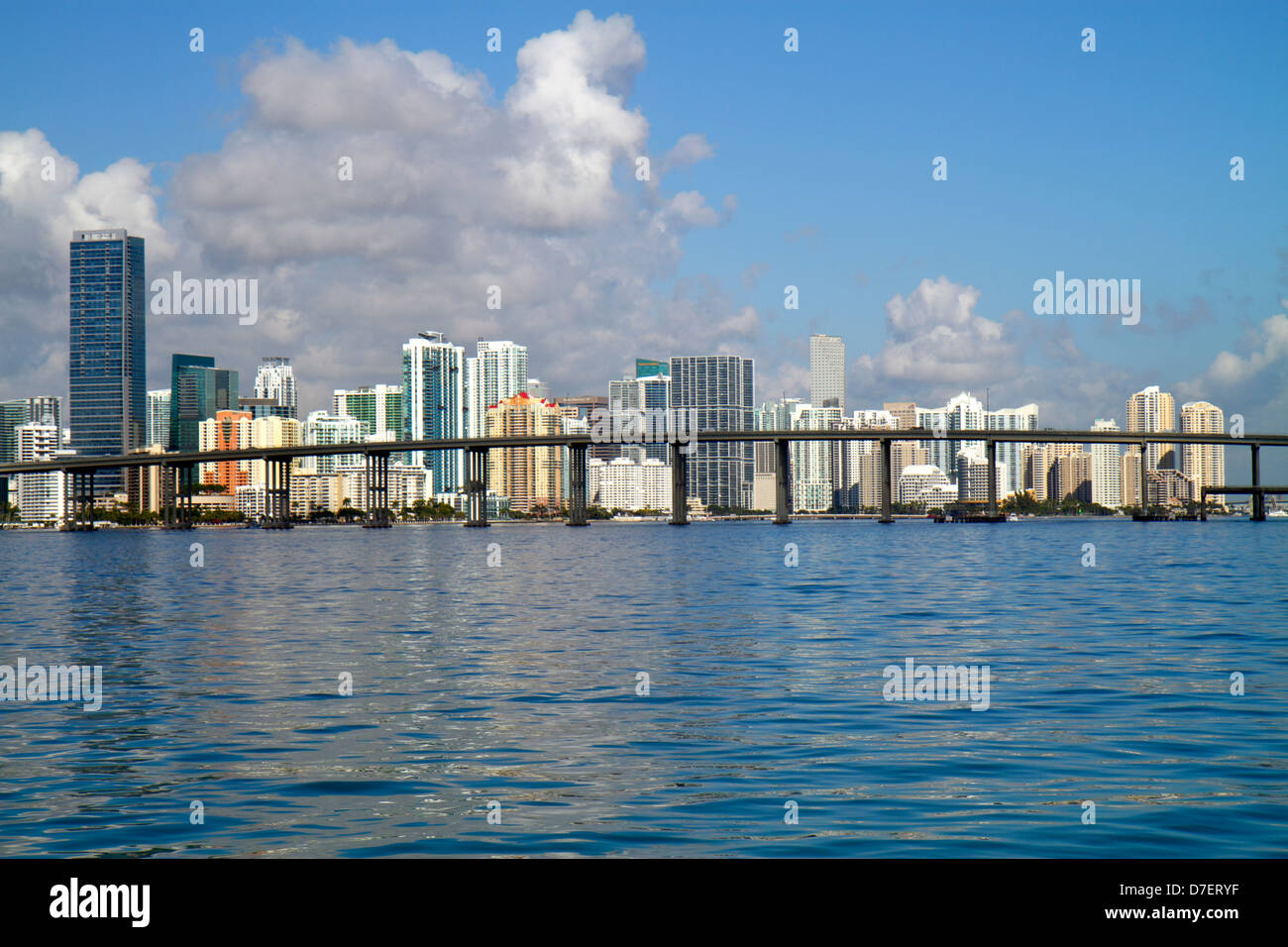 Miami Florida Biscayne Bay Rickenbacker Causeway bridge city skyline ...