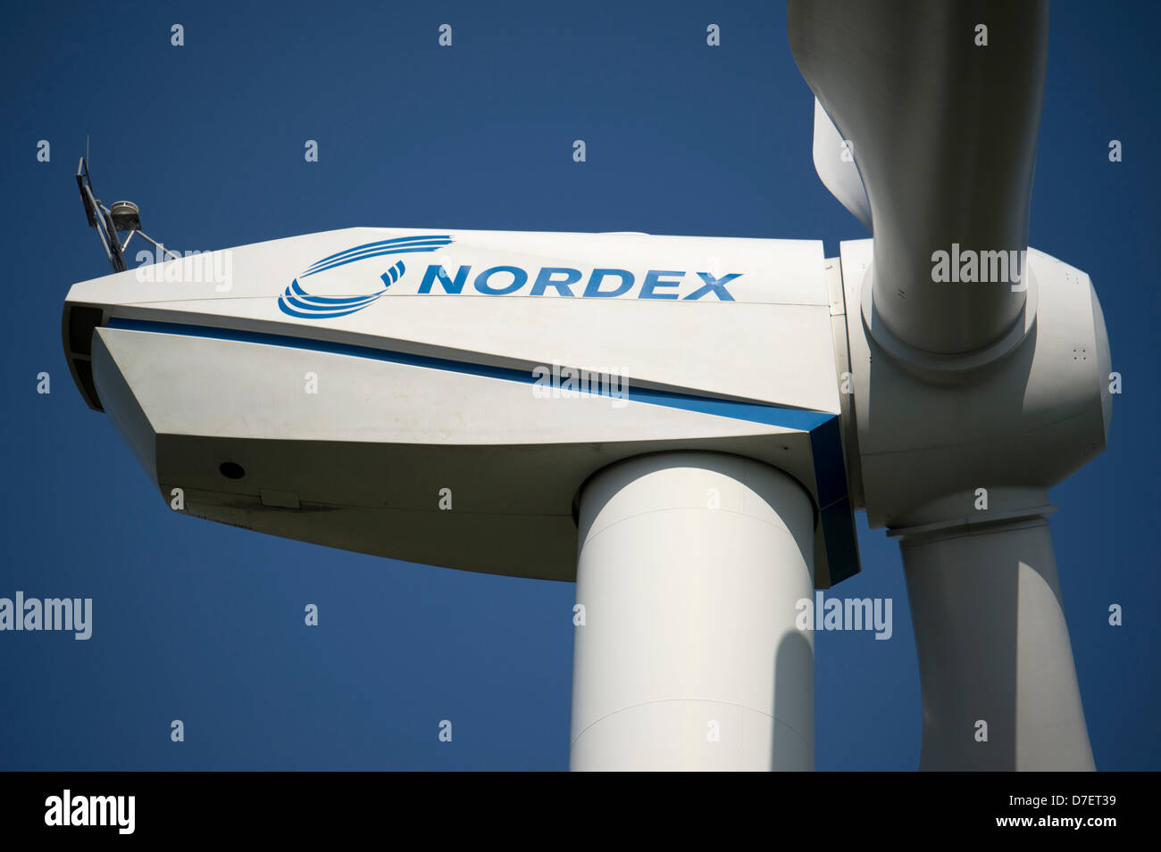 The engine pod and rotor blades of a wind turbine of company Nordex SE ...