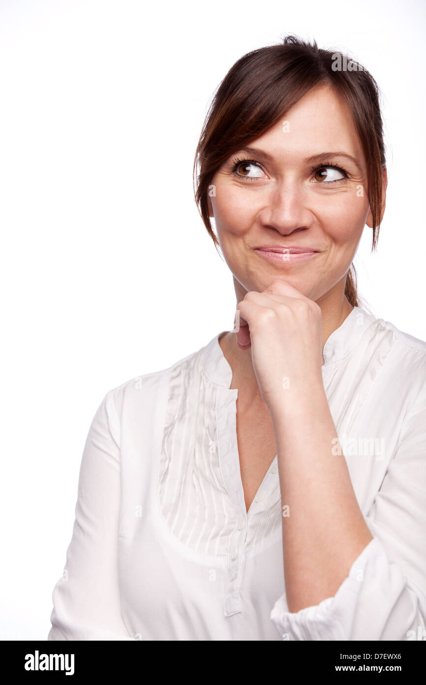 Thinking business woman smiling looking up at copy space isolated on ... Thinking business woman smiling looking up at copy space isolated on ...