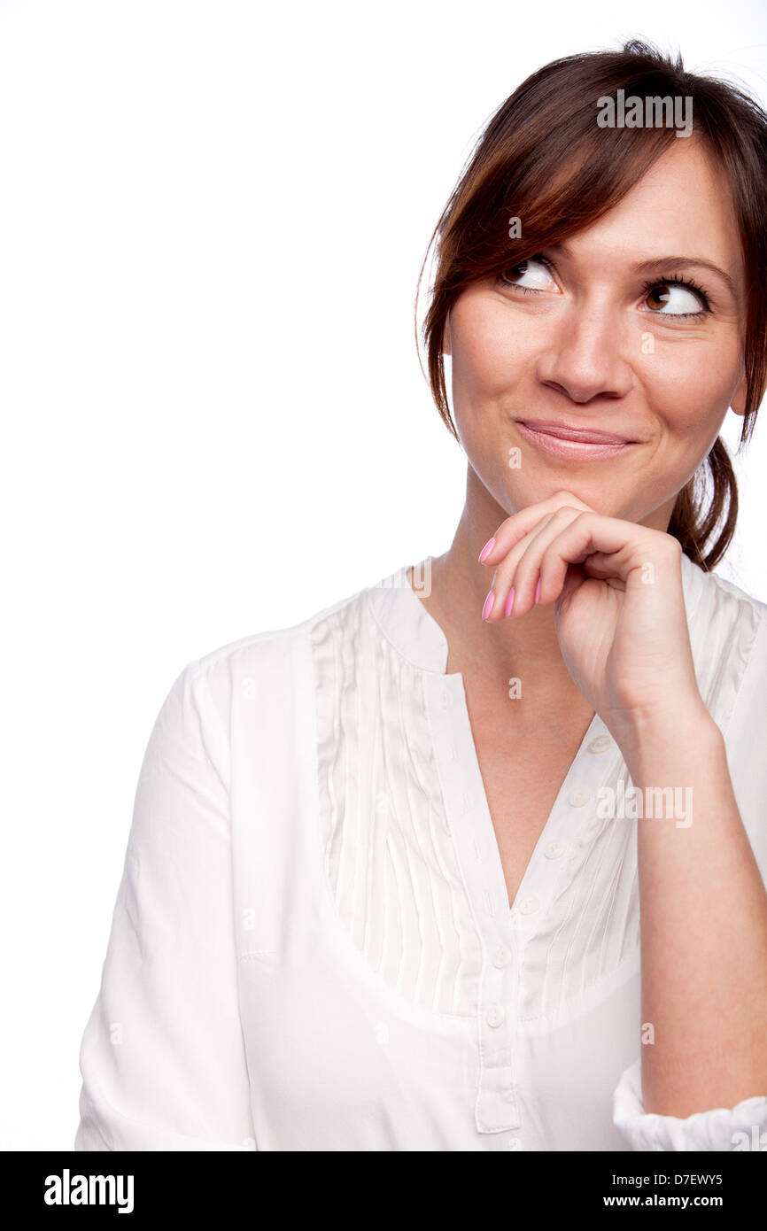 Thinking business woman smiling looking up at copy space isolated on ... Thinking business woman smiling looking up at copy space isolated on ...