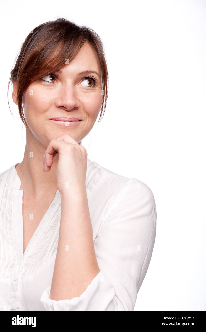 Young beautiful business woman thinking / making choice, isolated on ...