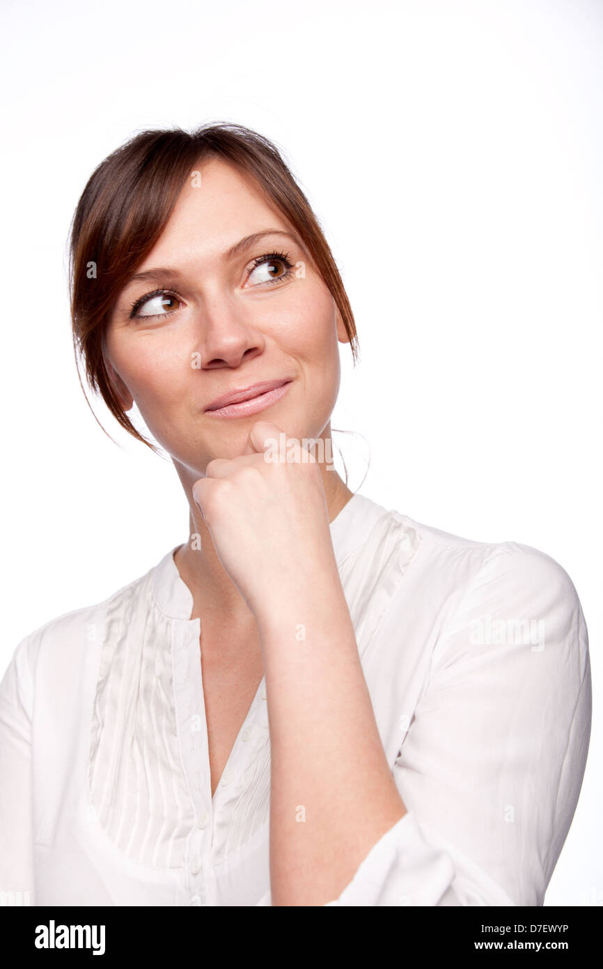 Young beautiful business woman thinking / making choice, isolated on ...