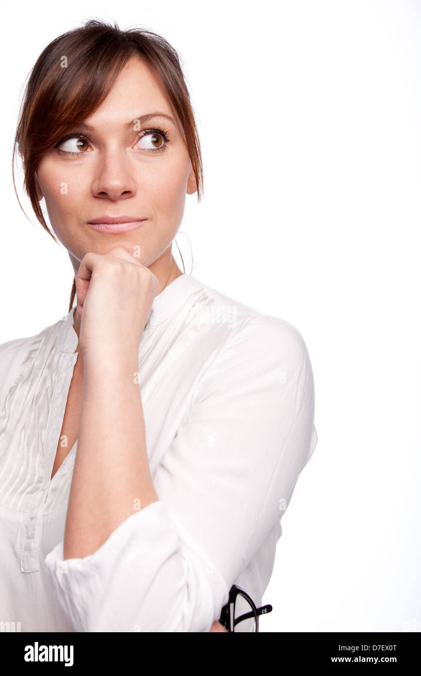 Young beautiful business woman thinking / making choice, isolated on ...