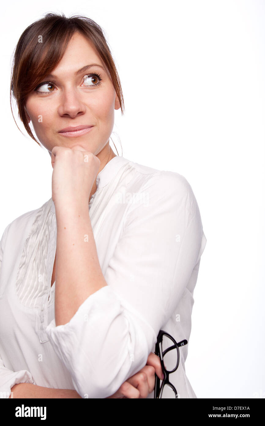 Young beautiful business woman thinking / making choice, isolated on ...