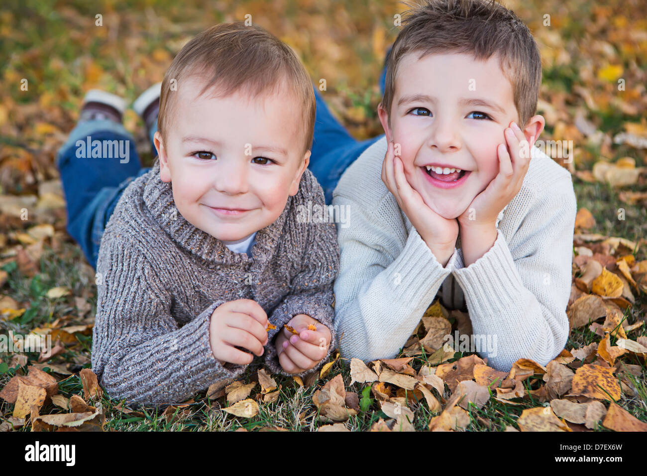 Portrait of two young boys laying on the ground in fallen autumn leaves ...