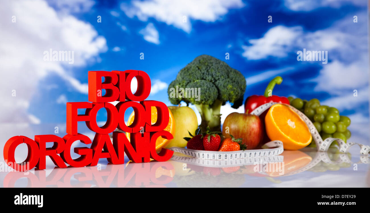 Bio organic food on blue sky backgroud Stock Photo - Alamy