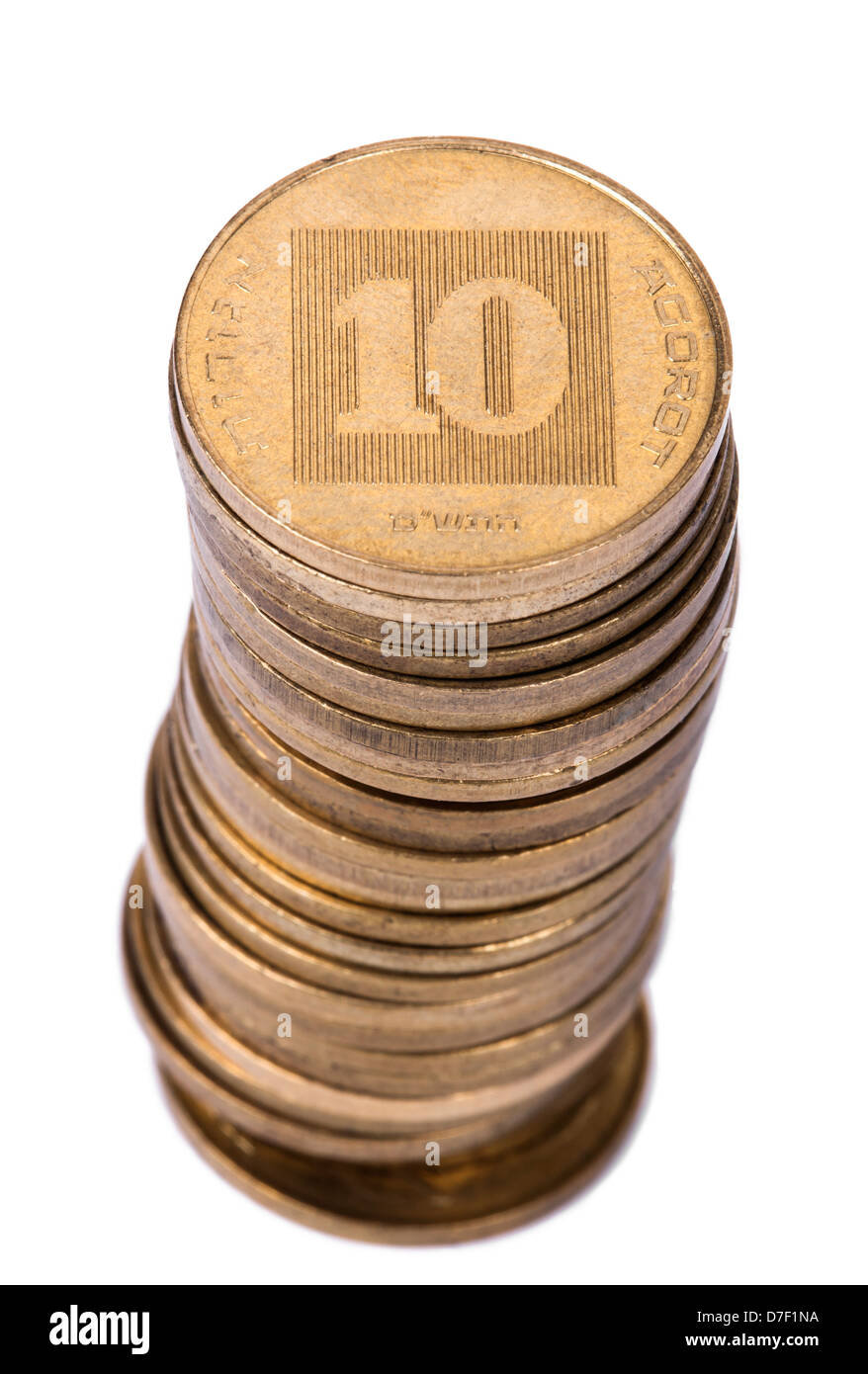 A stack of golden coins isolated on white background. These are 10 ...