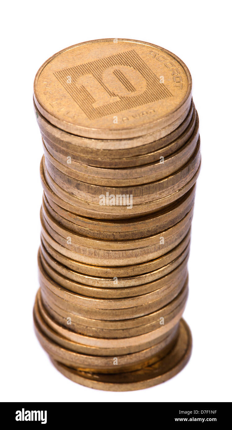 A stack of golden coins isolated on white background. These are 10 ...