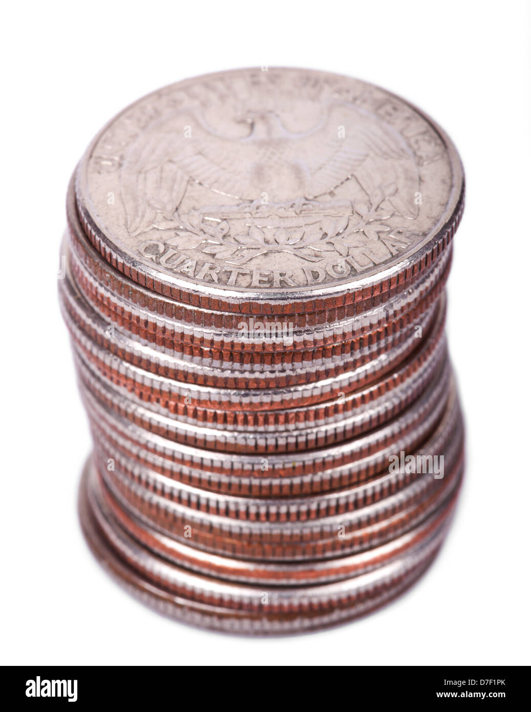 A stack of 25 US cent (quarter) coins isolated on white background. The ...