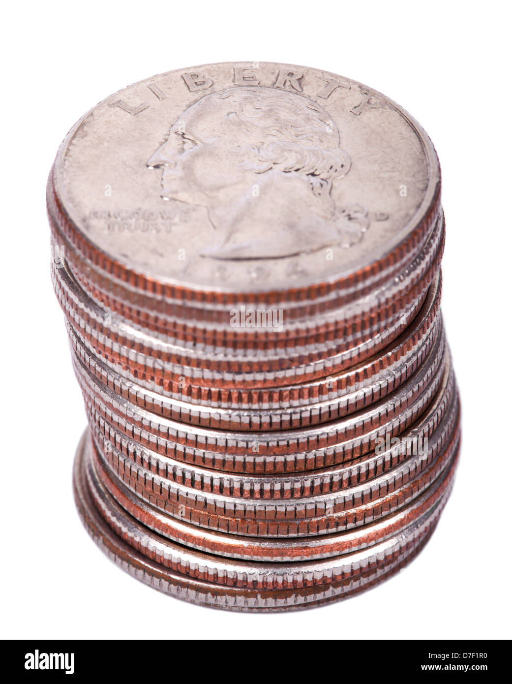 A stack of 25 US cent (quarter) coins isolated on white background ...