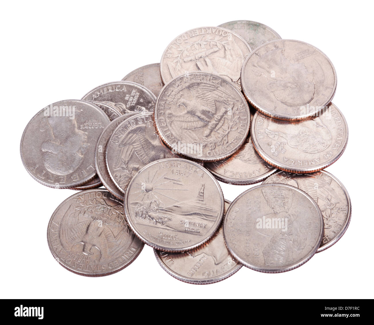 A pile of 25 US cent (quarter) coins isolated on white background Stock ...