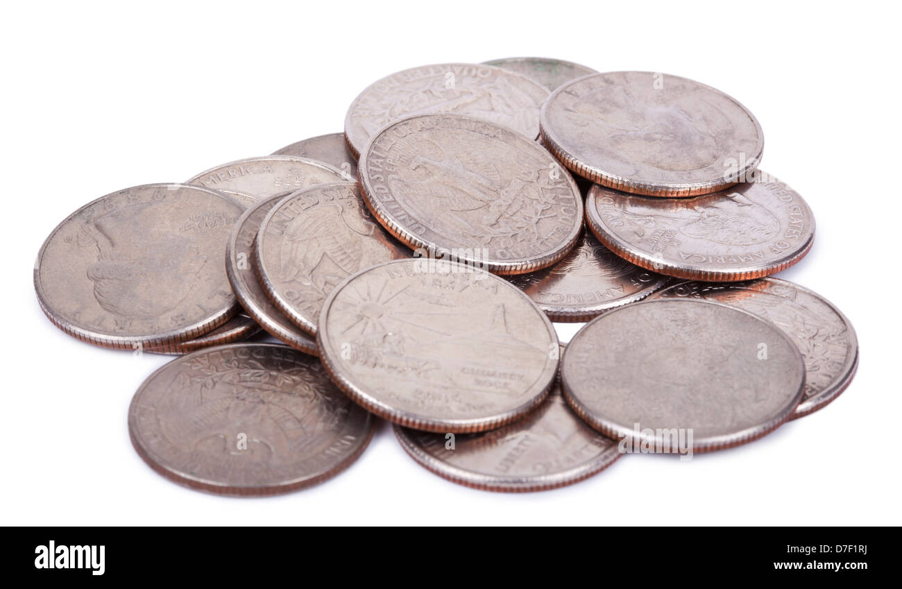 A pile of 25 US cent (quarter) coins isolated on white background Stock ...