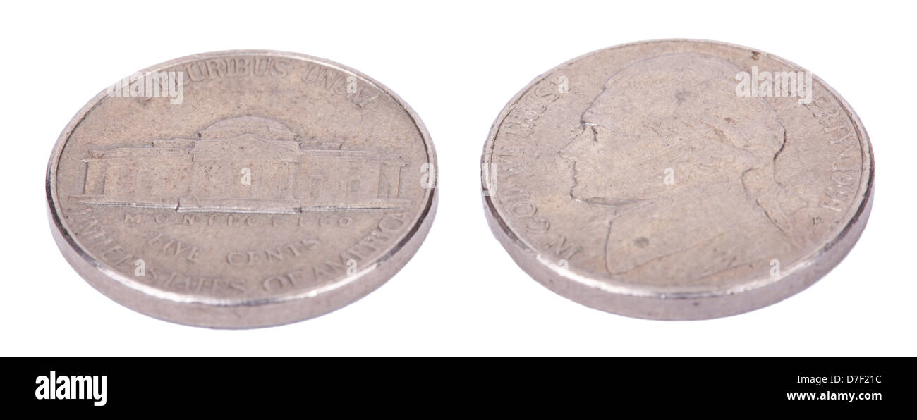 Two sides of a USA 5 cents (nickel) coin isolated on white background ...
