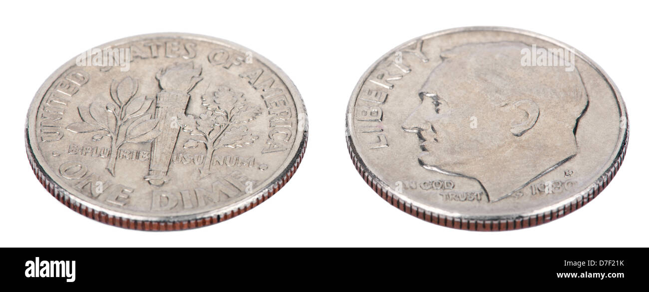 Two sides USA 10 cents (Dime) coin. obverse depicts president's ...