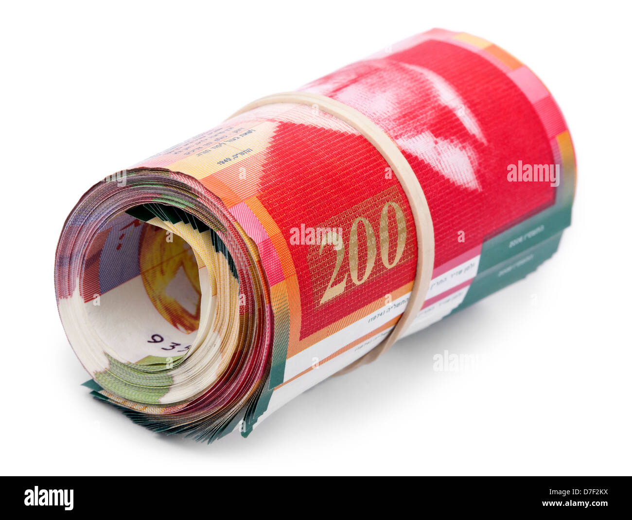 A bunch 200 Israeli New Shekels (NIS) money notes rolled up held ...