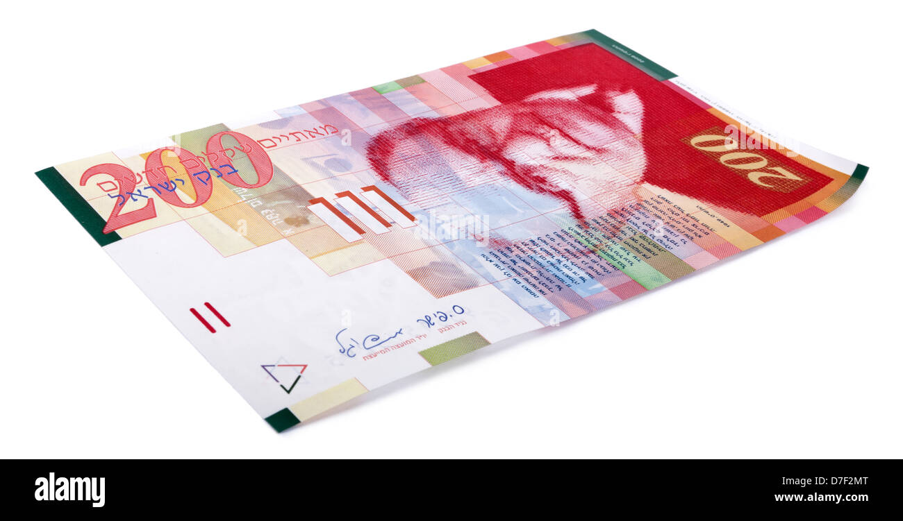 A 200 Israeli Shekels (NIS) bank note isolated on white background ...