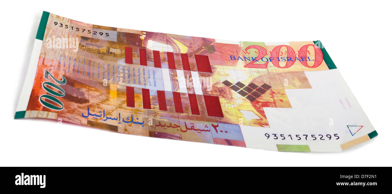 A 200 Israeli Shekels (NIS) bank note isolated on white background ...