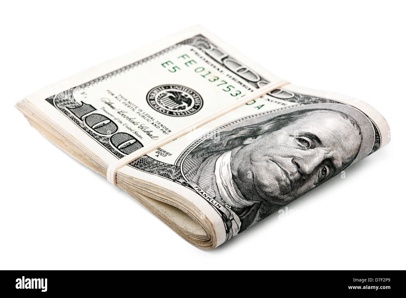 A bunch of 100 American Dollars money notes folded and held together ...