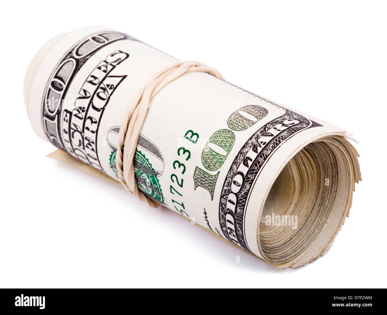 A bunch of 100 American Dollars money notes rolled up and held together ...