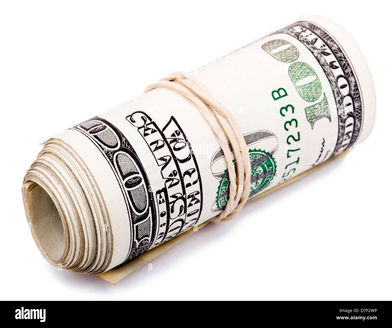 A bunch of 100 American Dollars money notes rolled up and held together ...