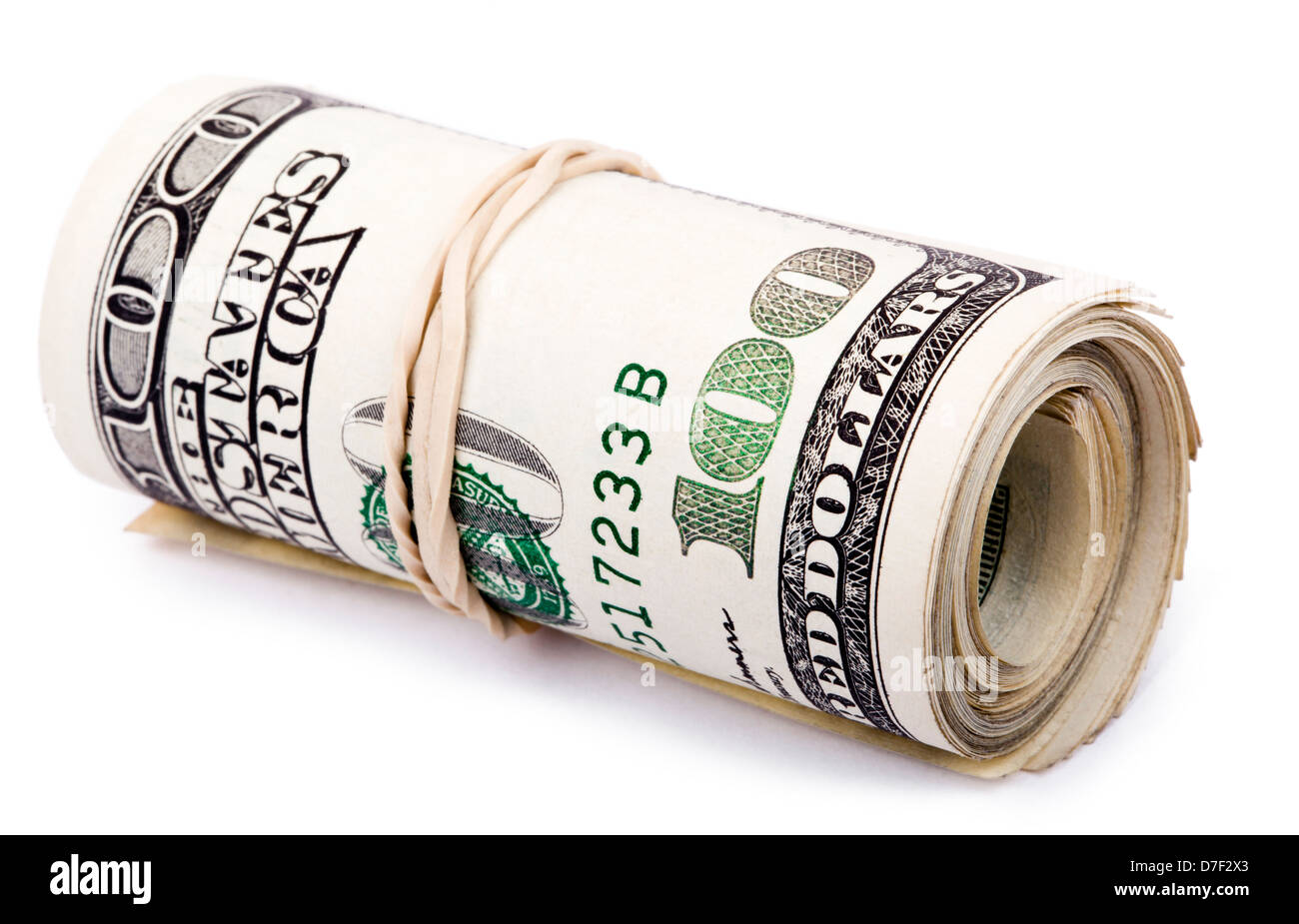 A bunch of 100 American Dollars money notes rolled up and held together ...