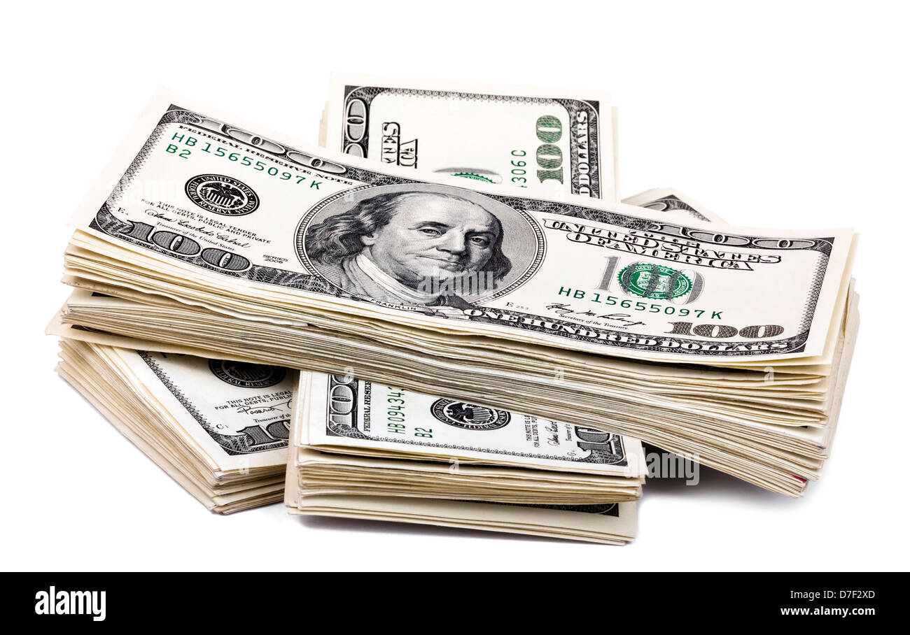 Three stacks of 100 US$ money notes on top of eachother, isolated on ...