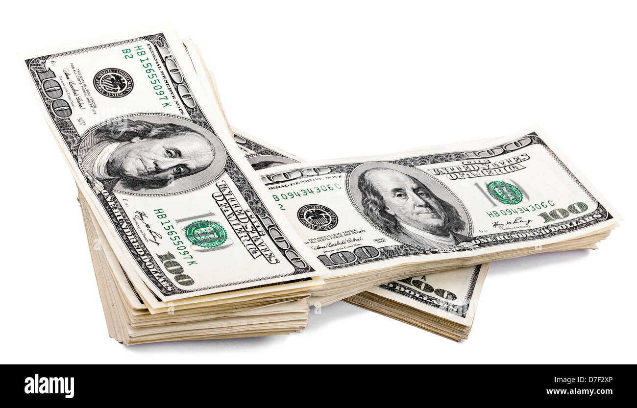 Three stacks of 100 US$ money notes on top of eachother, isolated on ...