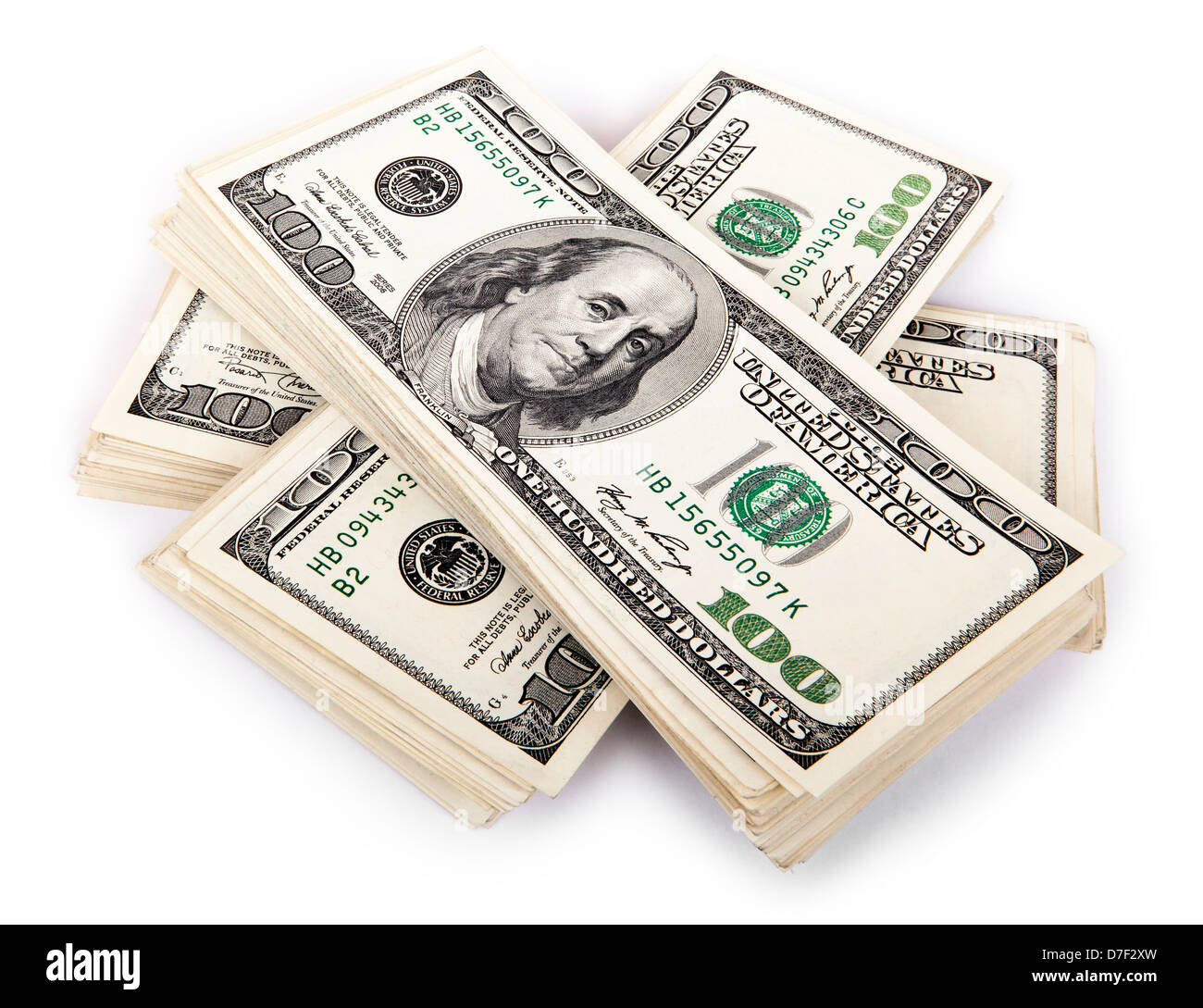 Three stacks of 100 US$ money notes on top of eachother, isolated on ...