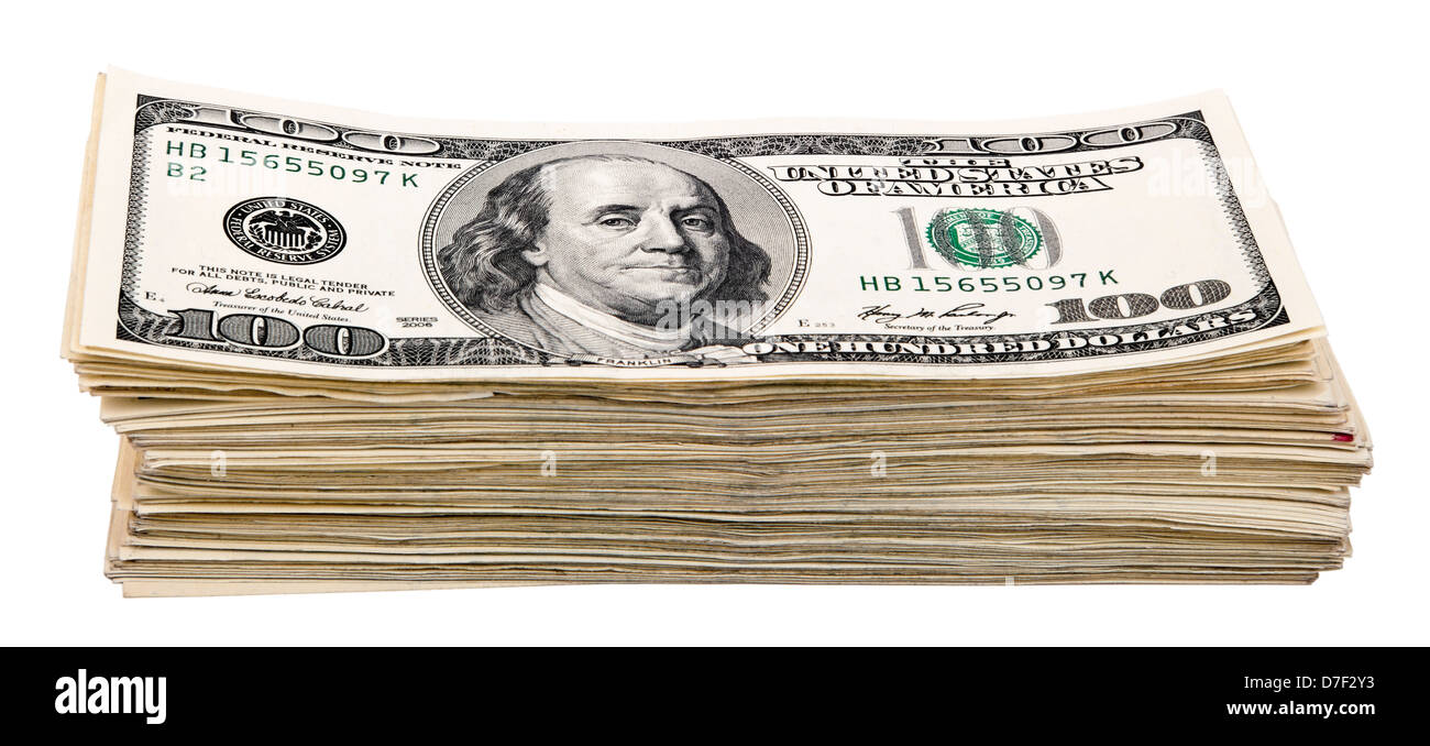 A stack of 100 US$ money notes on top of eachother, isolated on white ...