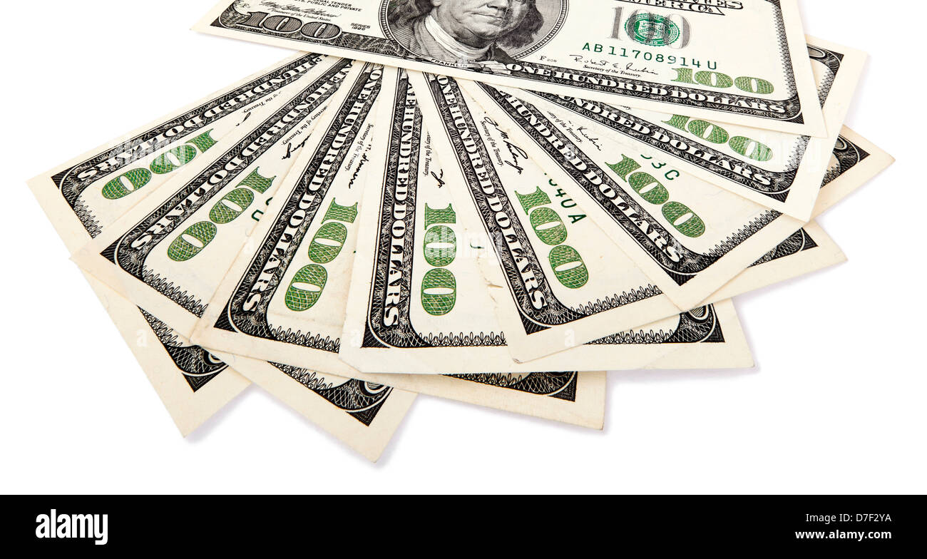 Several 100 US$ money notes spread out in fan shape, isolated on white ...