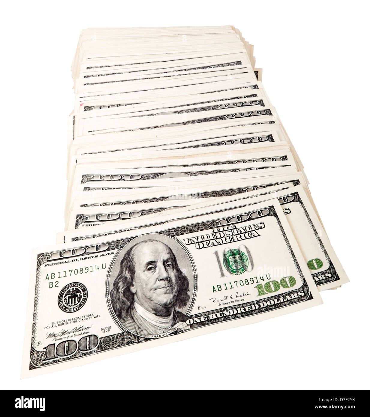 A spread-out pile of 100 US$ money notes isolated on white background ...