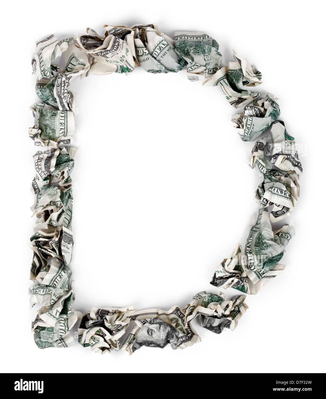 The letter 'D', made out of crimped 100$ bills. Isolated on white ...