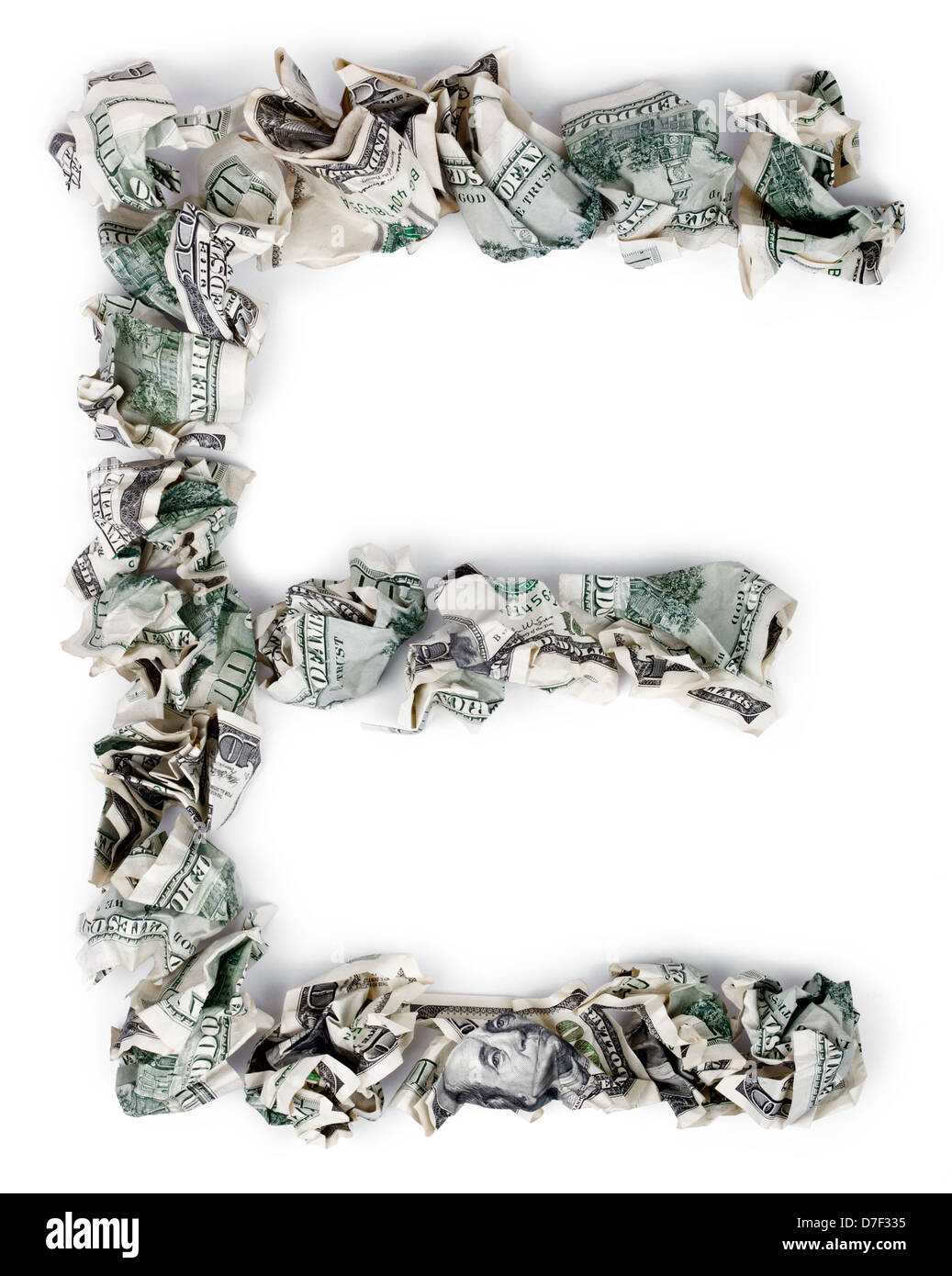 The letter 'E', made out of crimped 100$ bills. Isolated on white ...