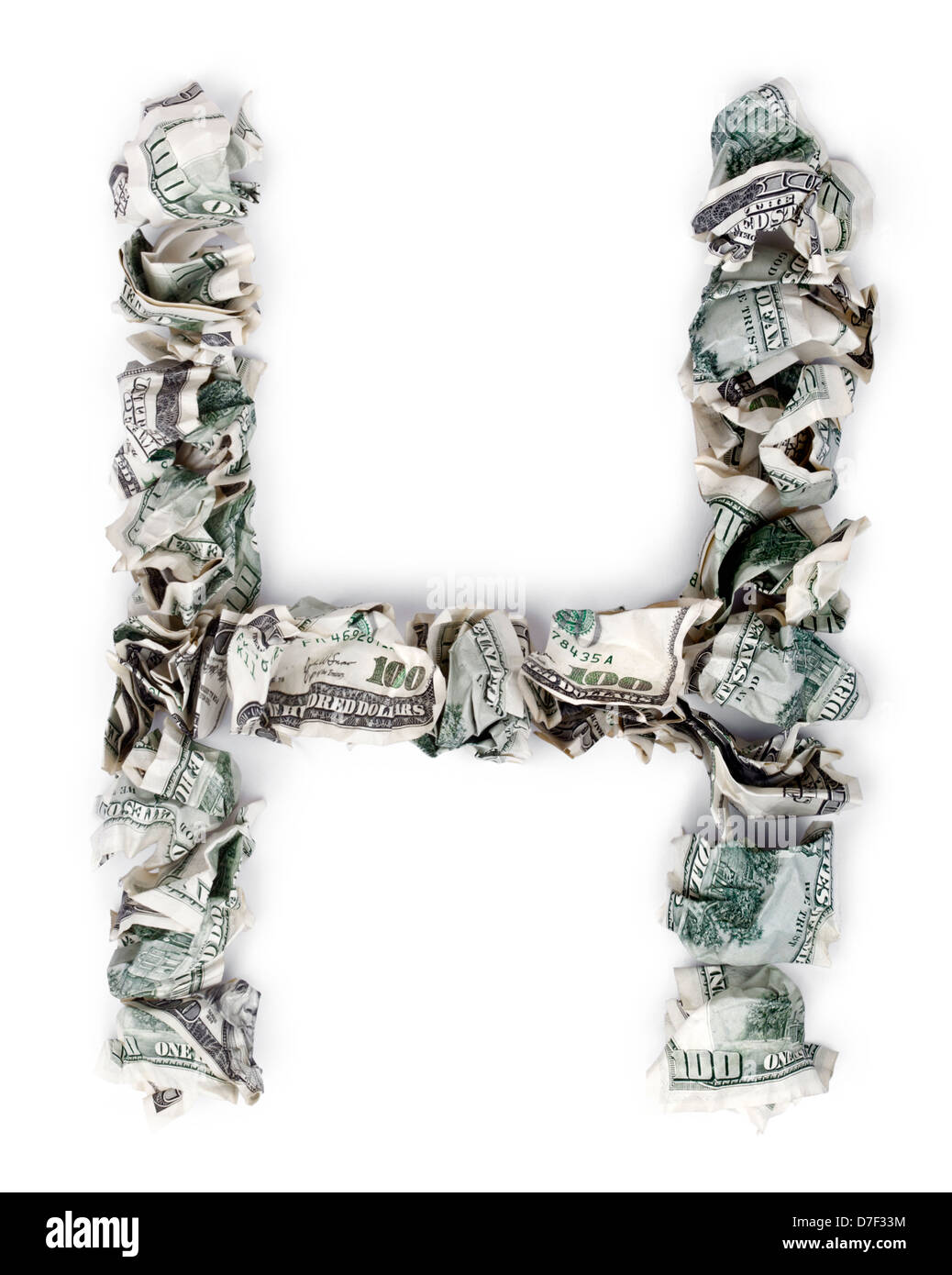 The letter 'H', made out of crimped 100$ bills. Isolated on white ...