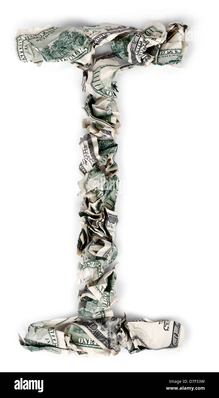 The letter 'I', made out of crimped 100$ bills. Isolated on white ...