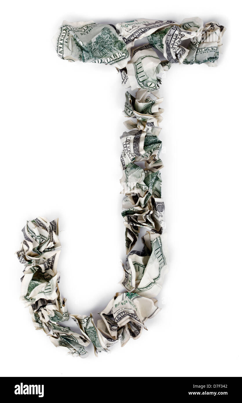 The letter 'J', made out of crimped 100$ bills. Isolated on white ...