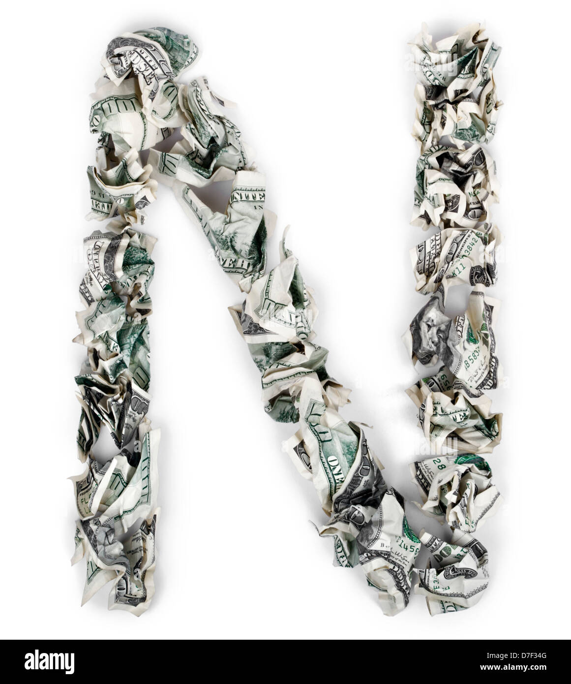 The letter 'N', made out of crimped 100$ bills. Isolated on white ...