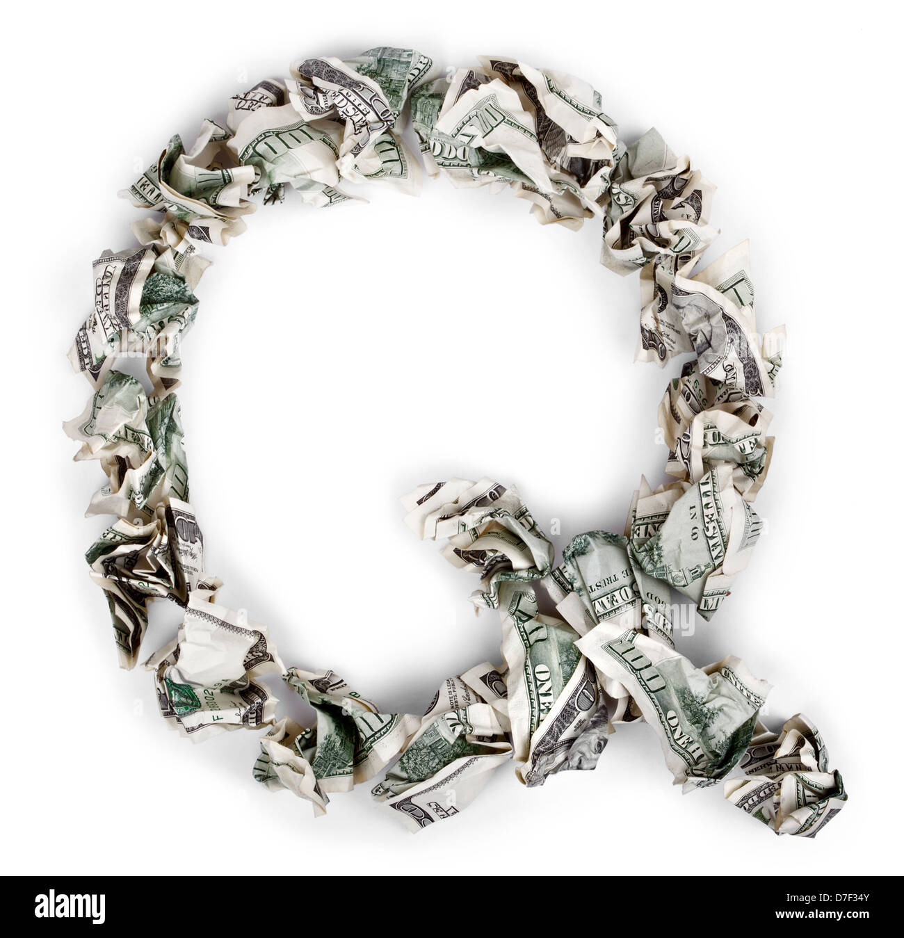 The letter 'Q', made out of crimped 100$ bills. Isolated on white ...