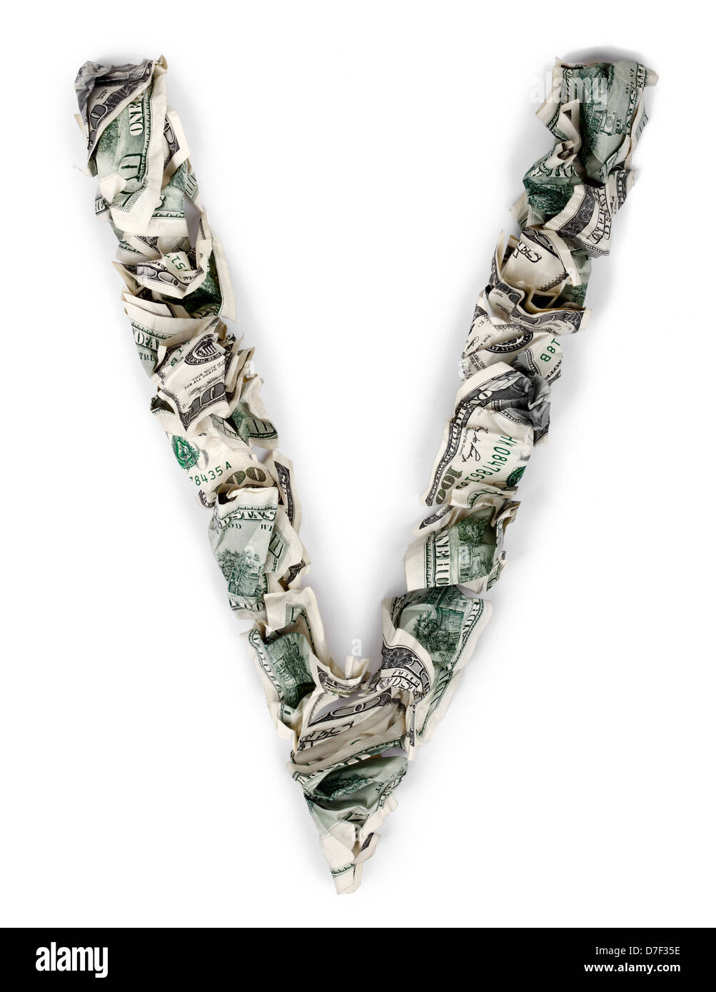 The letter 'V', made out of crimped 100$ bills. Isolated on white ...