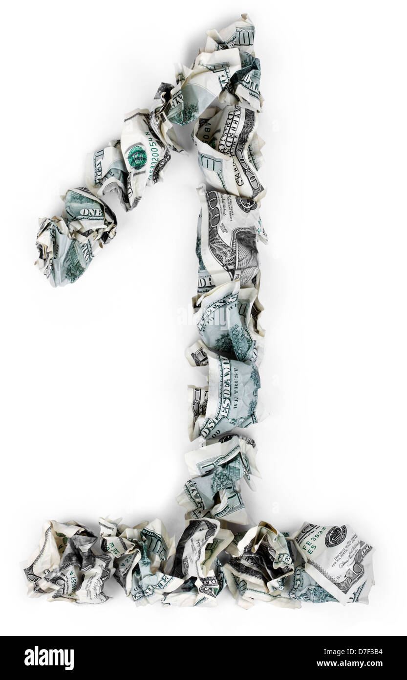 The digit 1 (one), made out of crimped 100$ bills. Isolated on white ...