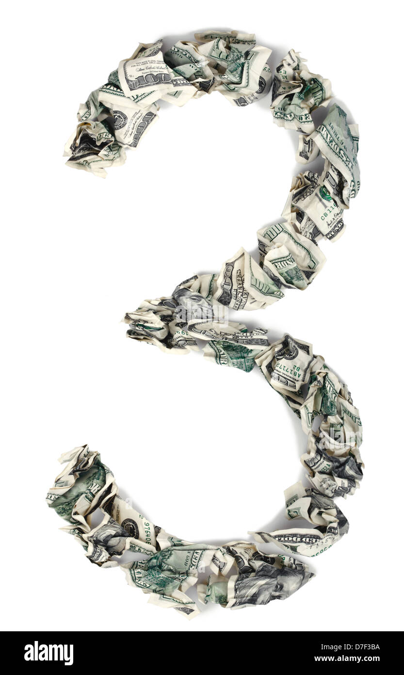 The digit 3 (three) made out of crimped 100$ bills. Isolated on white ...
