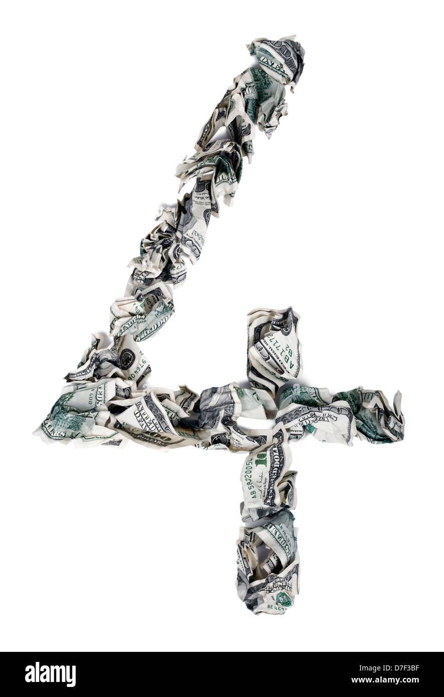 The digit 4 (four) made out of crimped 100$ bills. Isolated on white ...