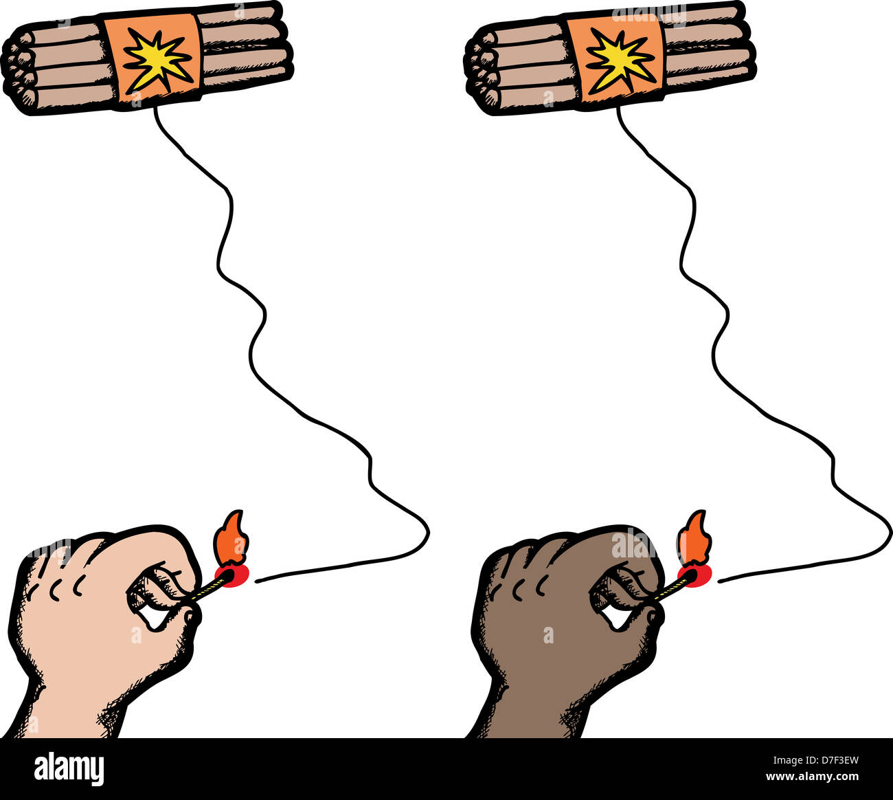 Dynamite sticks with fuse being lit by hand on isolated background ...