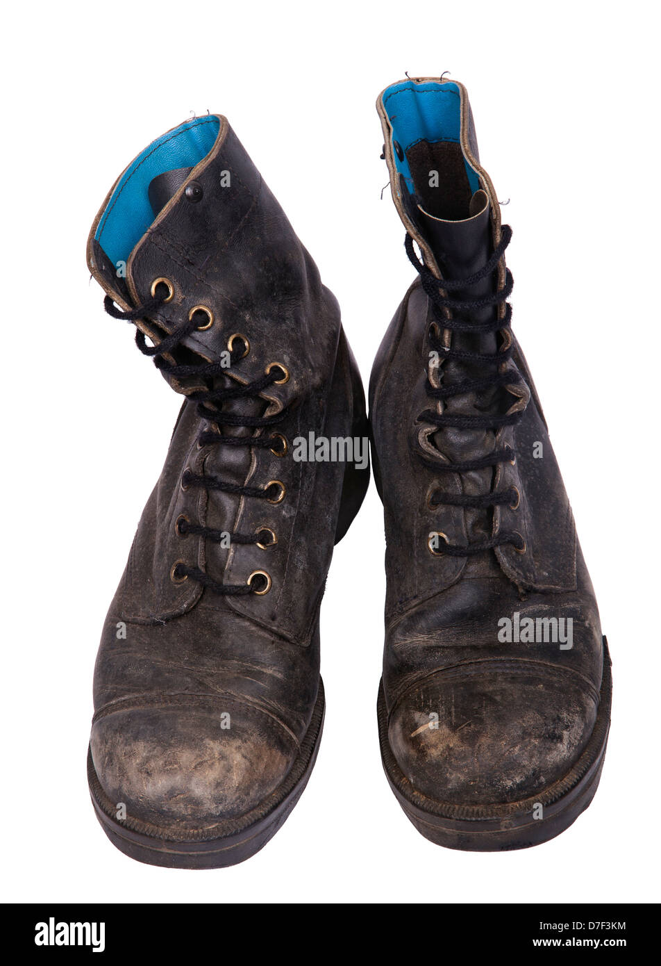 High Angle frontal view of a very worn pair of boots, issued by the ...