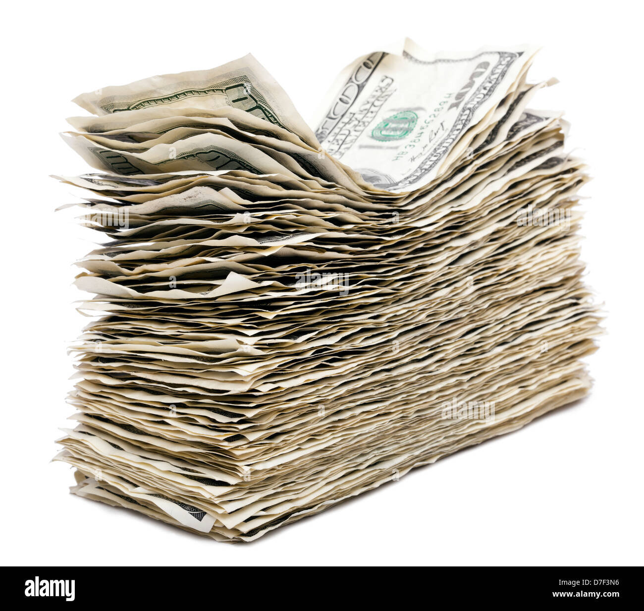 A stack of wrinkly 100 US$ money notes, isolated on white background ...